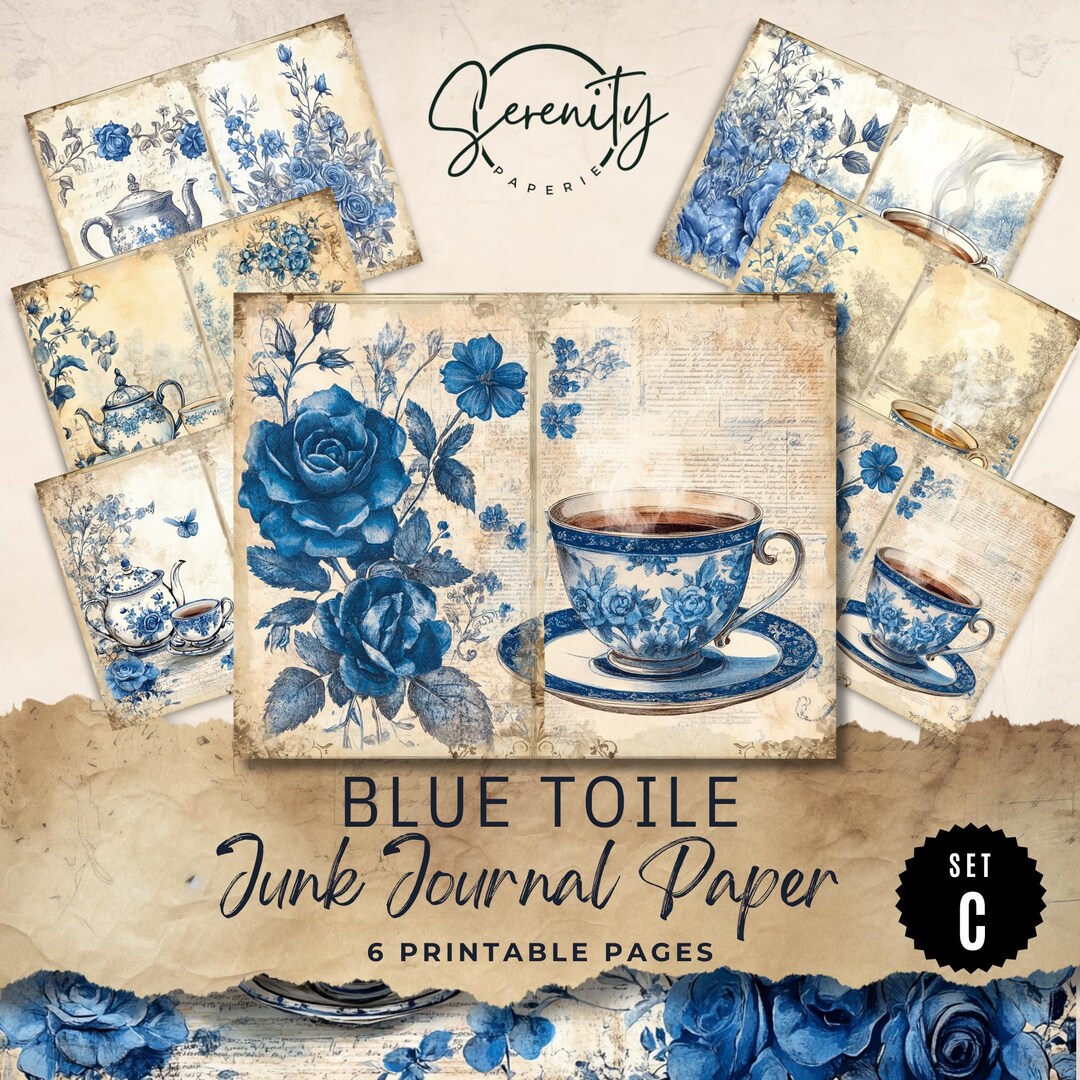 Blue Toile Junk Journal Digital Papers Printable Pages, 6 Digital ...