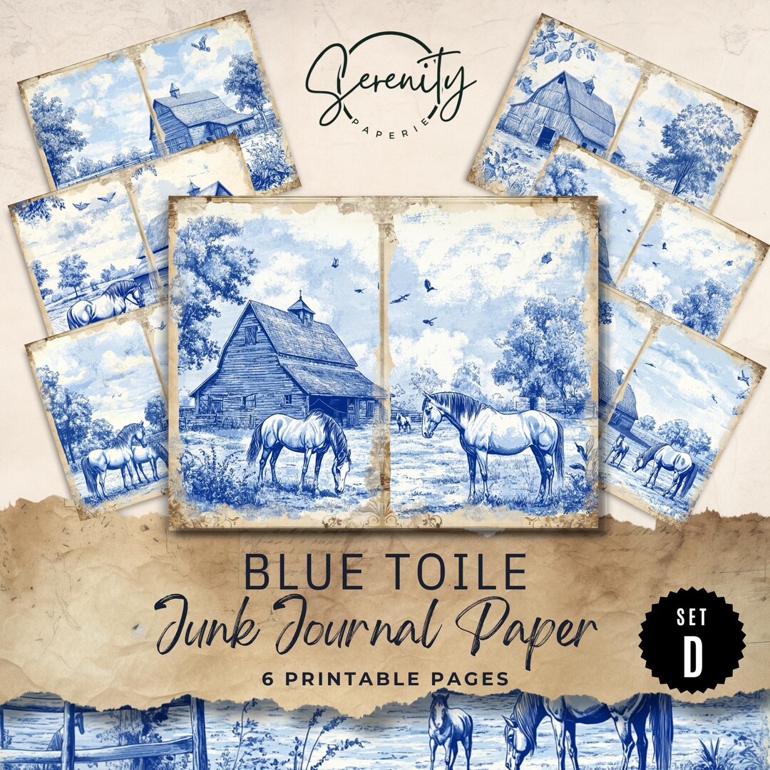 Blue Toile Junk Journal Digital Papers Printable Pages, 6 Digital ...