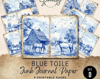 Blue Toile Junk Journal Digital Paper, Floral 6 Digital Journal Pages ...