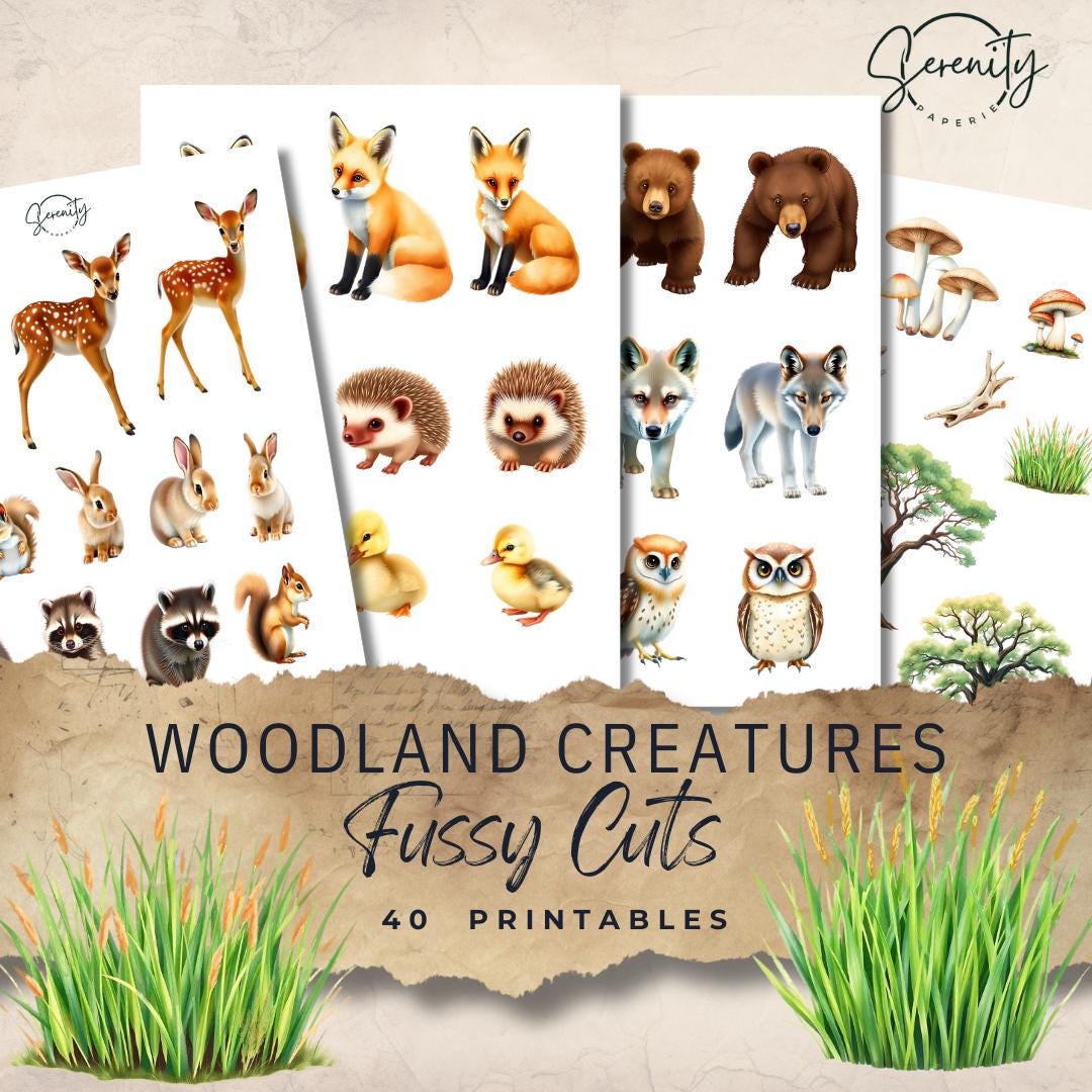 Woodland Animals Fussy Cuts, Nature Ephemera, Digital Download ...