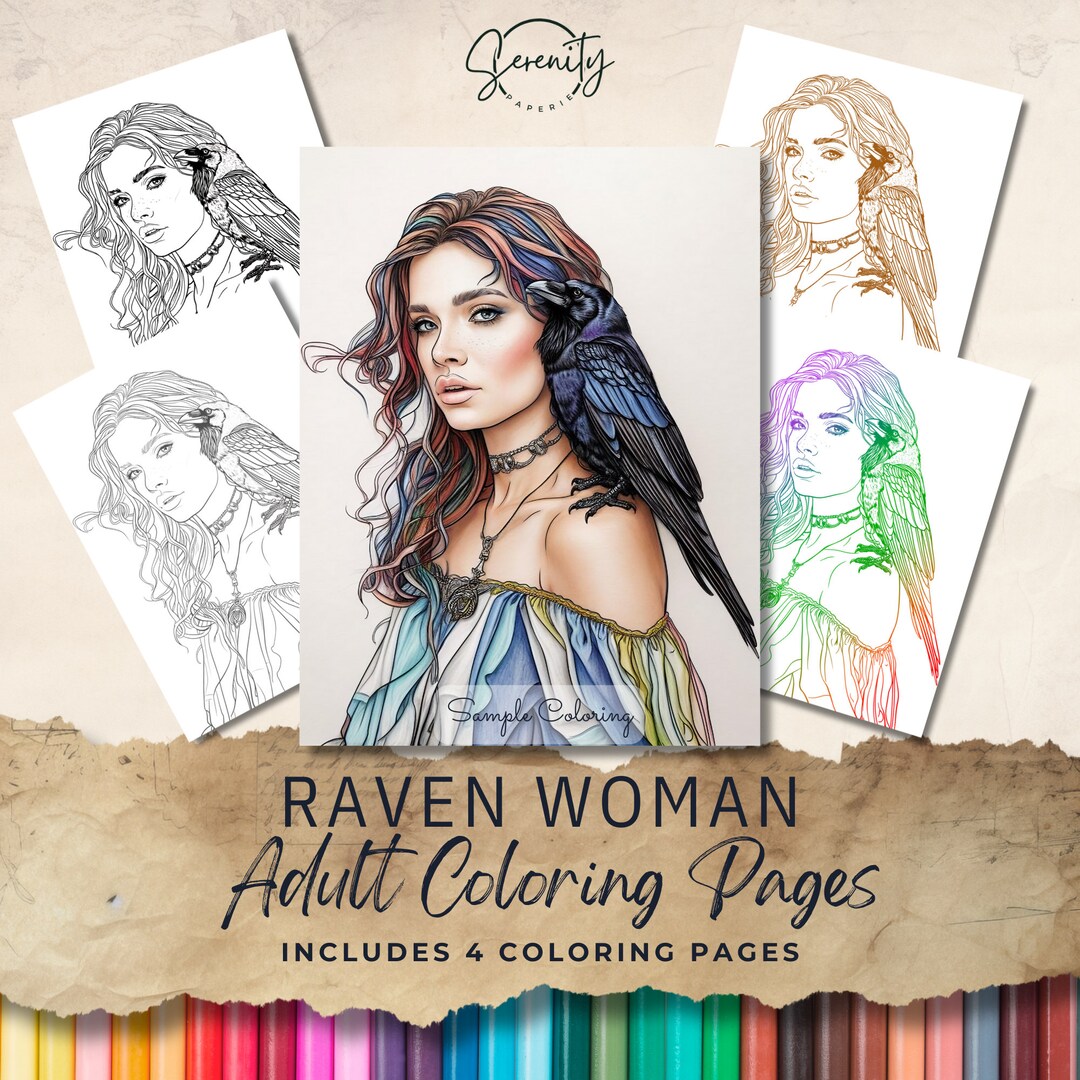Raven Woman Adult Coloring Pages in Light, Dark, Sepia and Rainbow ...
