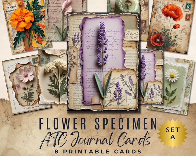 Junk Journal Flower Specimen Cards Printable Set of 8, ATC Ephemera for ...