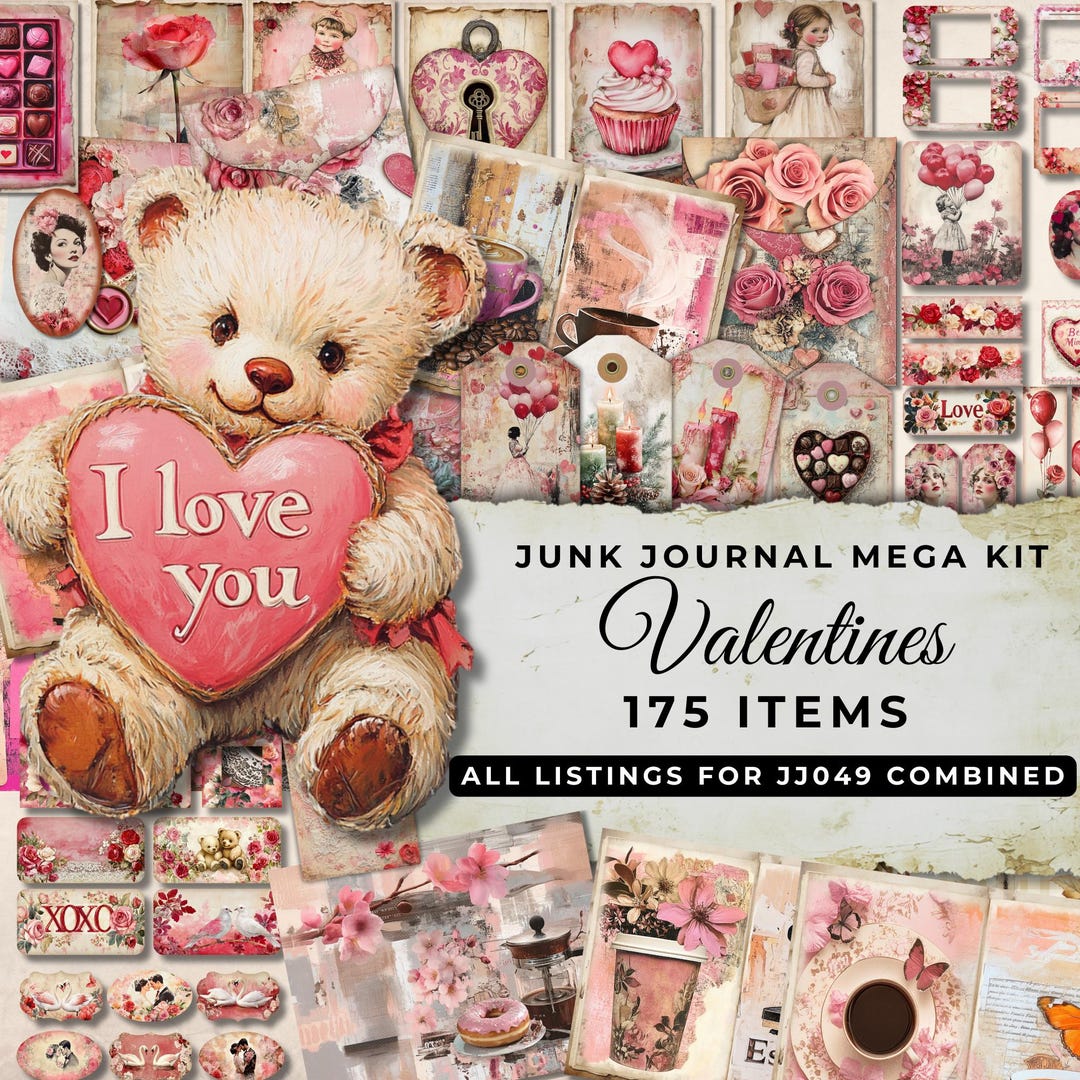 Vintage Valentines Mega Junk Journal Kit - 175 Piece Floral Printable ...