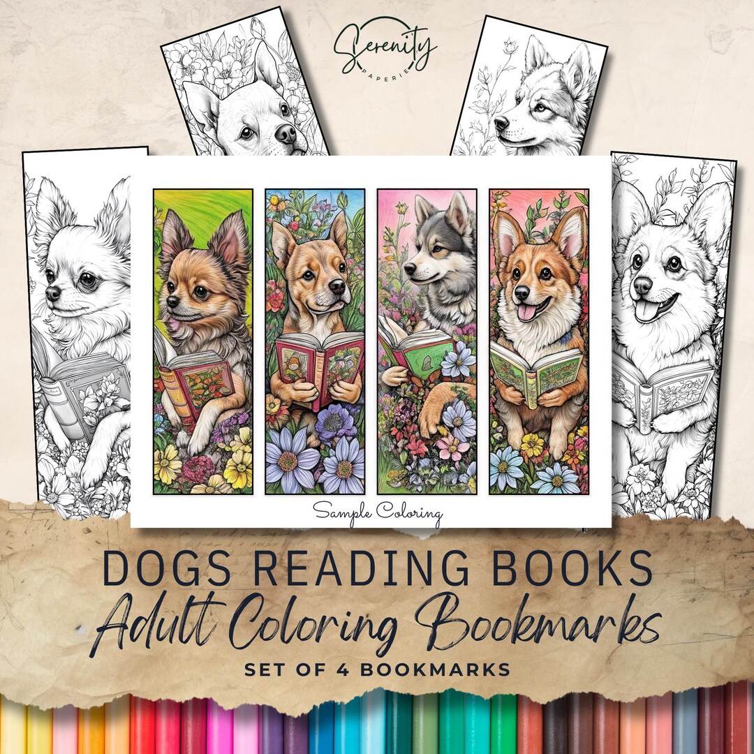 Dog Coloring Bookmark 4 Printable Bookmarks for Adult and Kids Coloring ...