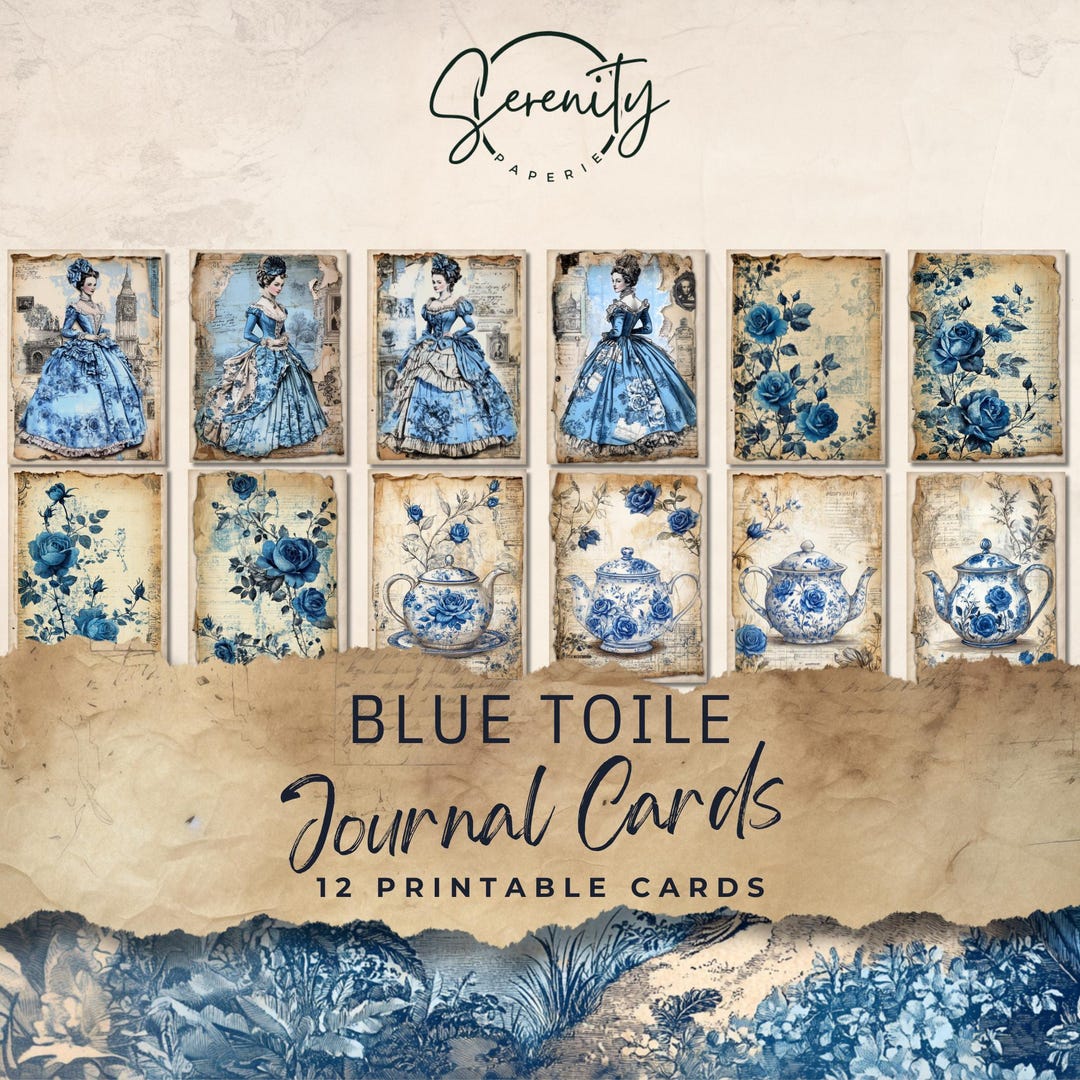 Blue Toile Junk Journal Printable Ephemera Cards, Pack of 12 Cards ...