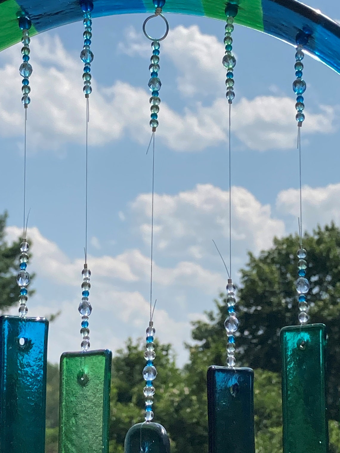 LARGE Caribbean Inspired Wind Chimes. Blues and Greens in an Arched ...
