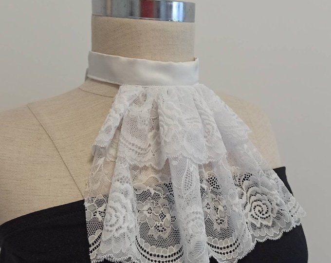 White Cotton Jabot Cravat Neck Frill With Lace Edge Victorian Steampunk ...