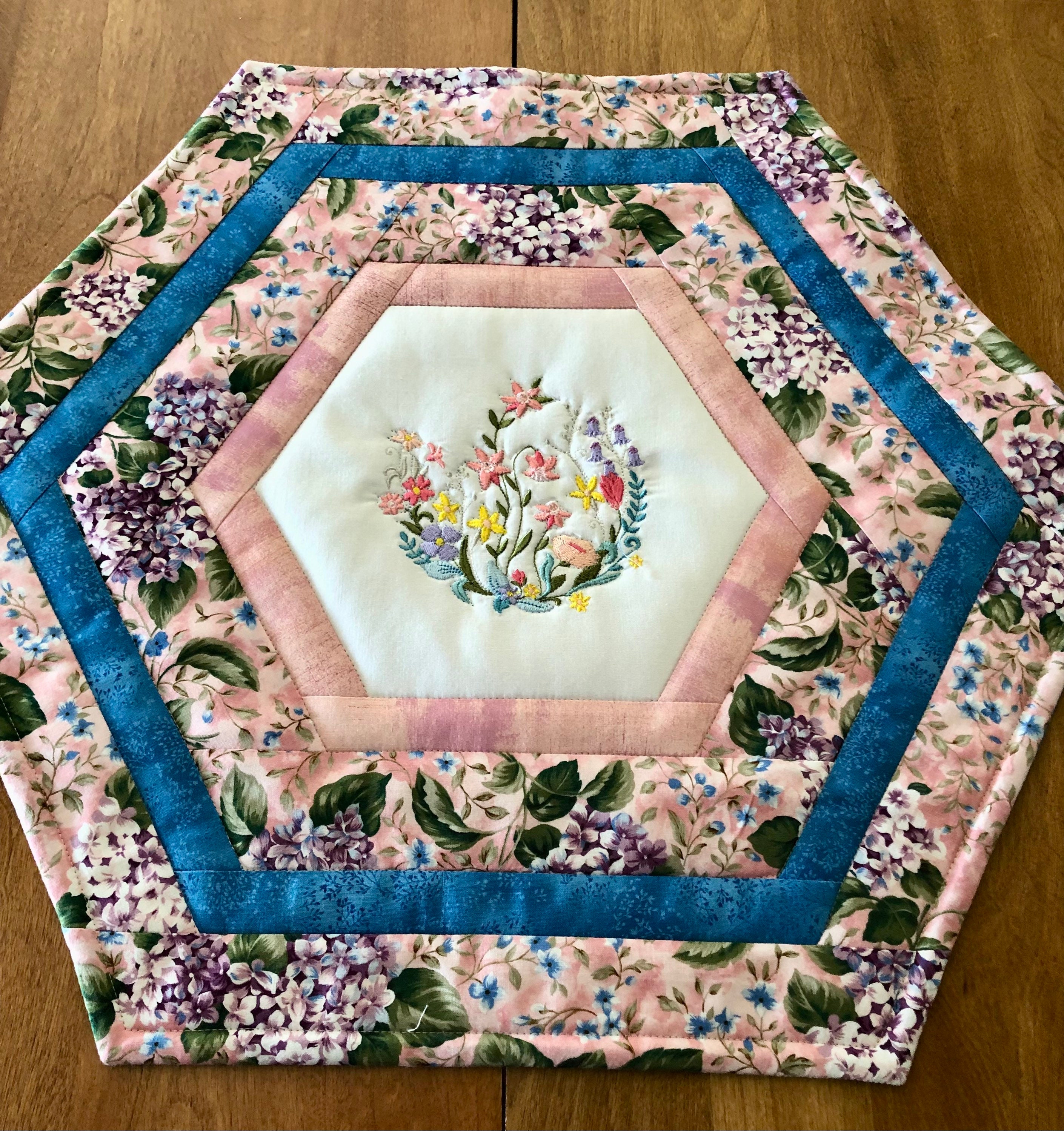 Hydrangeas Hexagon Table Topper Machine Embroidered Center Quilted 2 - Etsy