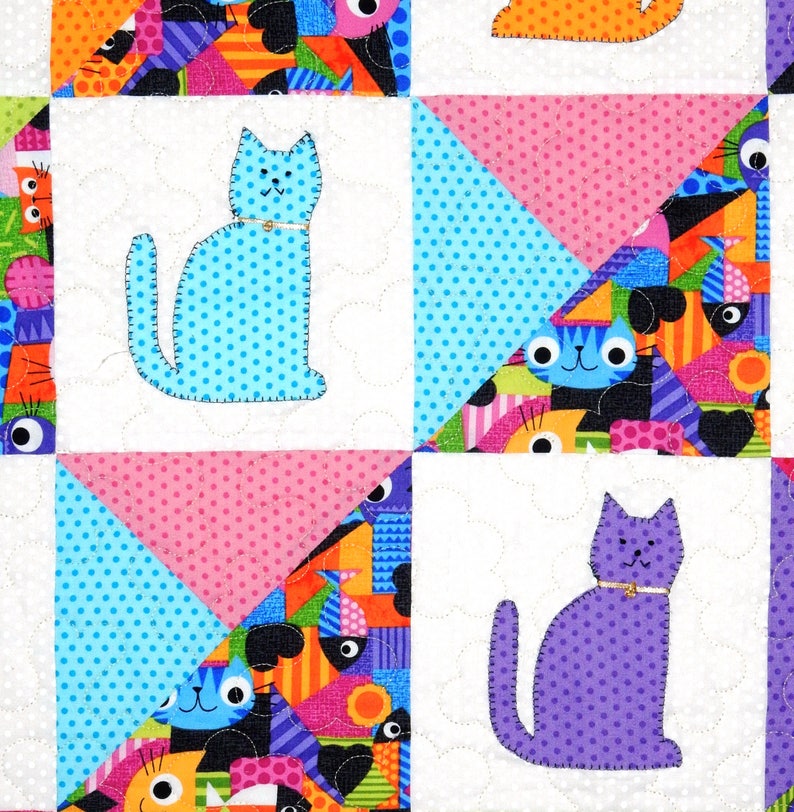 Quilted Machine Pieced and Appliqued Cat Crib Quilt or Cat Lover Throw ...