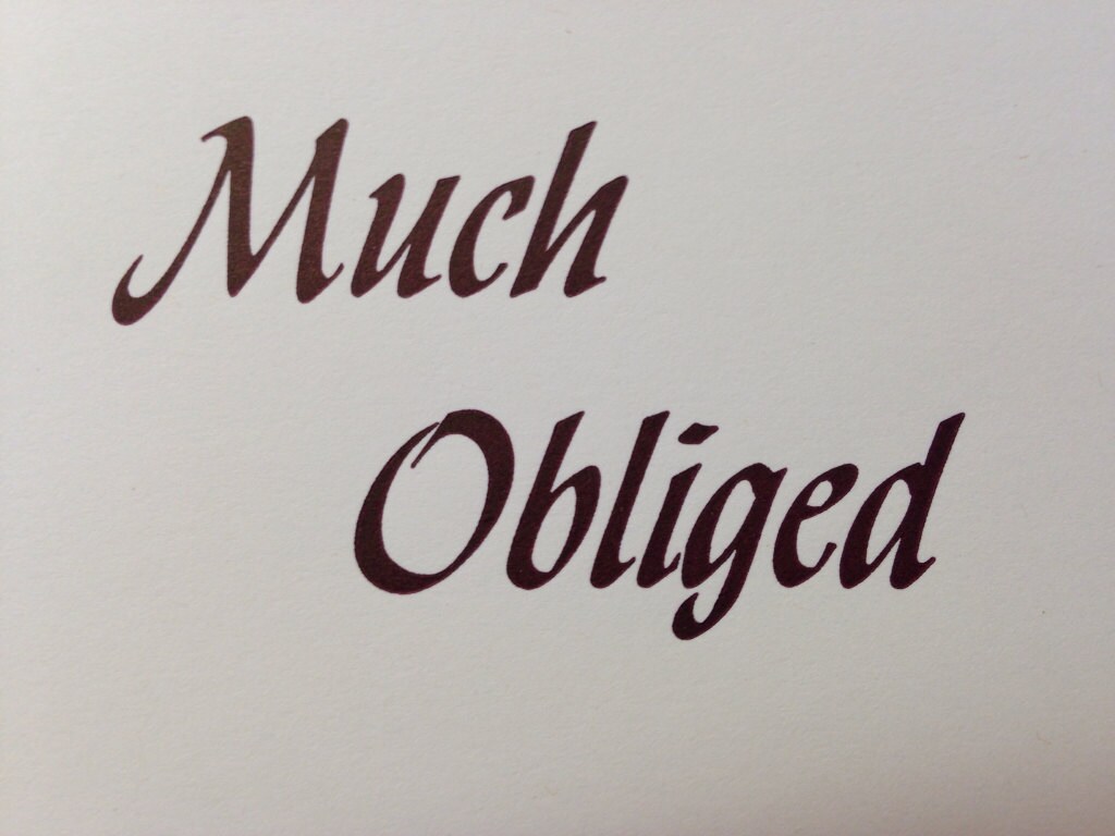 Ten Letterpress Note Cards "much Obliged" - Set of 10 Cards With ...