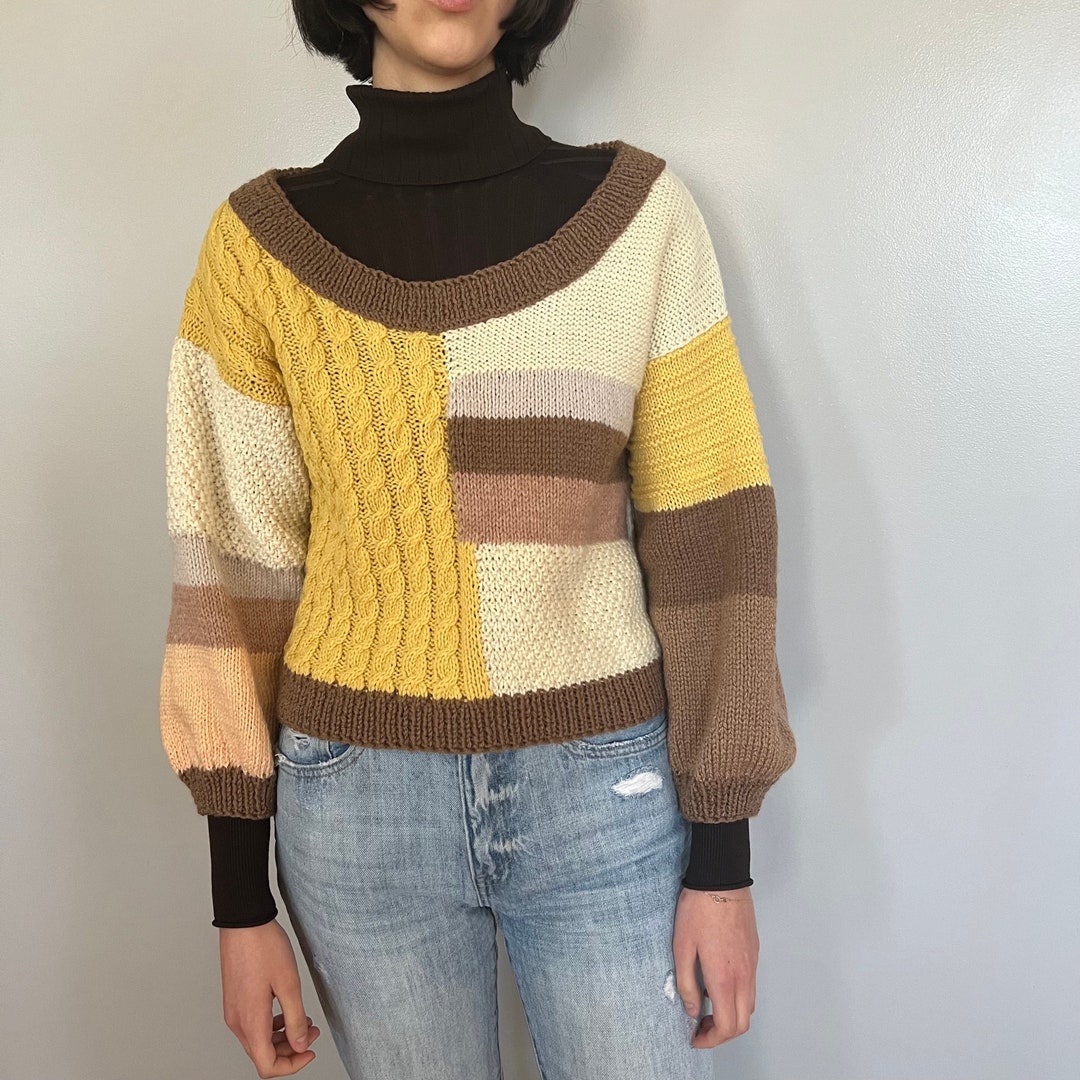 Patchwork Cable Stitch Hand-knit Yellow, Beige, Caramel, Brown, and Eggshell V-neck Long Sleeve ...