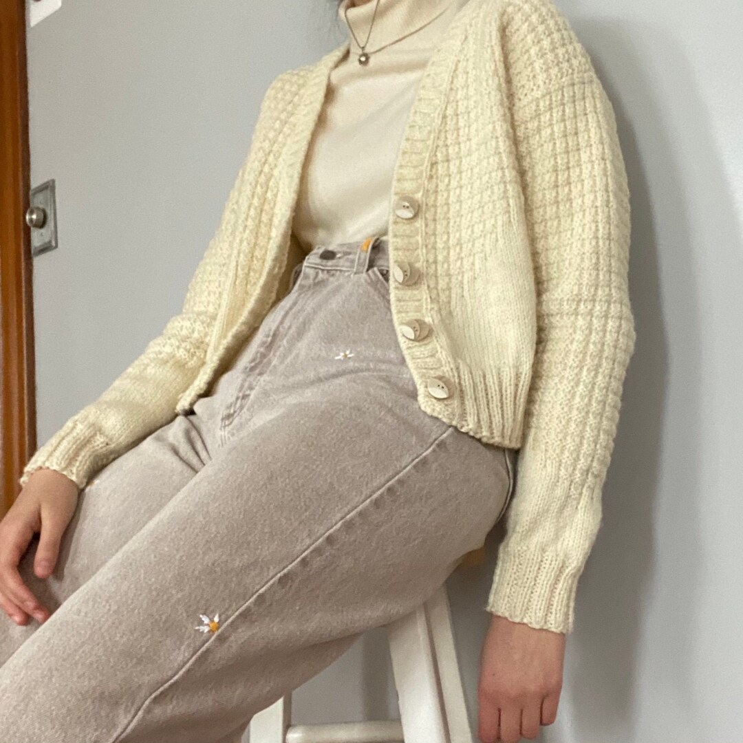 Handknit Women's White Wool Knit Cardigan With Matching Neutral Buttons ...