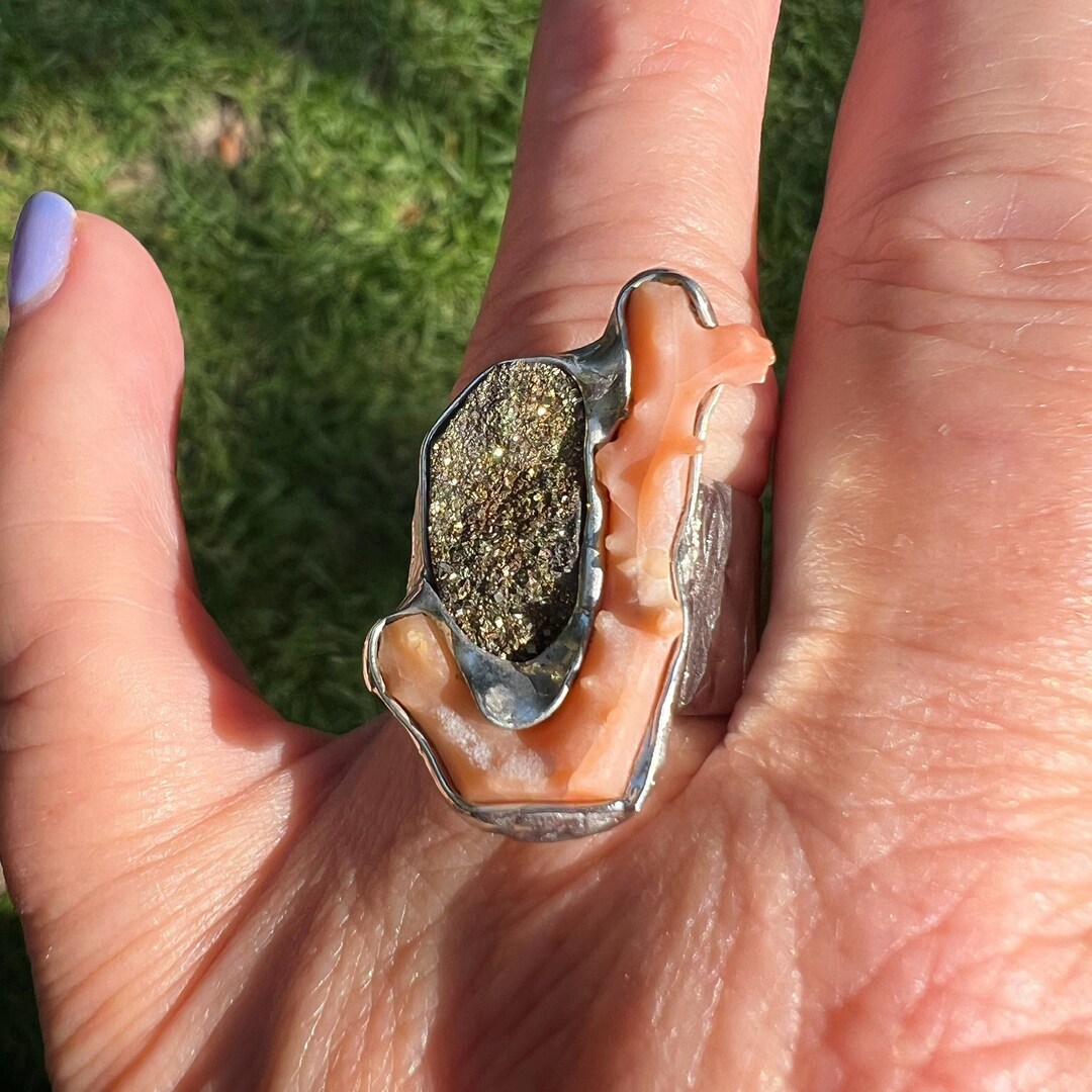 Mermaid~ Stunning Pink Coral and Rainbow Pyrite Statement Ring - Etsy