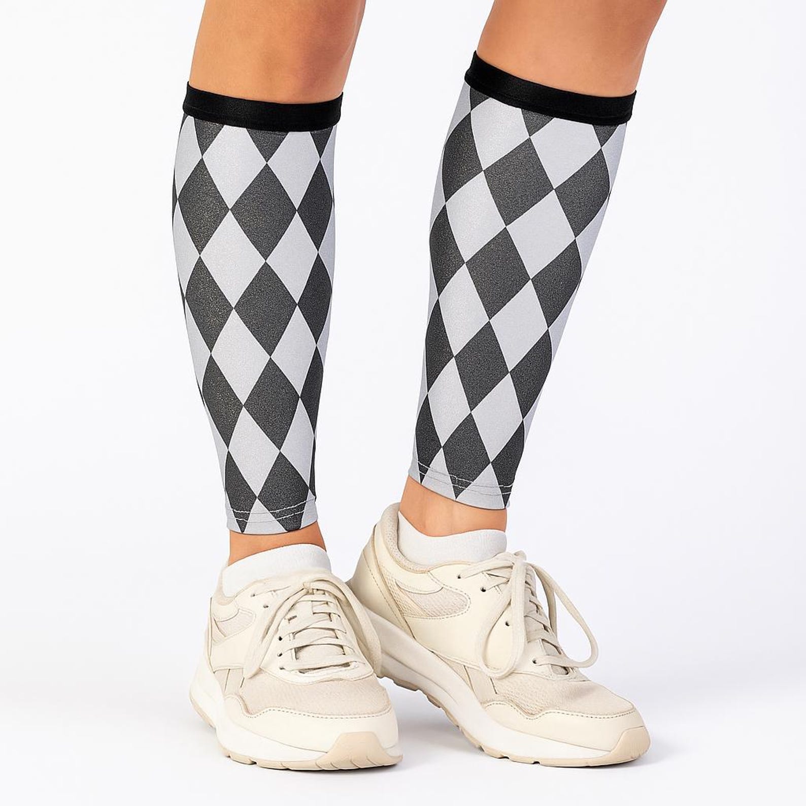 Harlequin Sparkle Compression Calf Sleeves – Black & White Diamond With ...