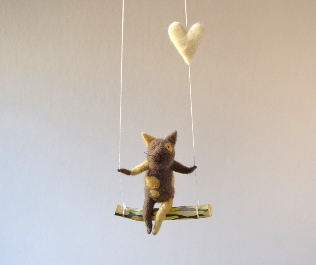Cat on Swing , Taupe Needle Felted Cat, Nursery Decoration, Baby Crib ...