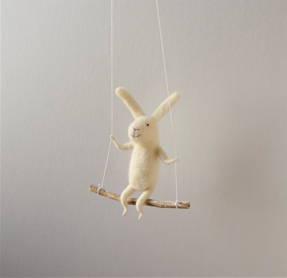 White Bunny on Swing Felted Animal Felted Bunny Bunny | Etsy