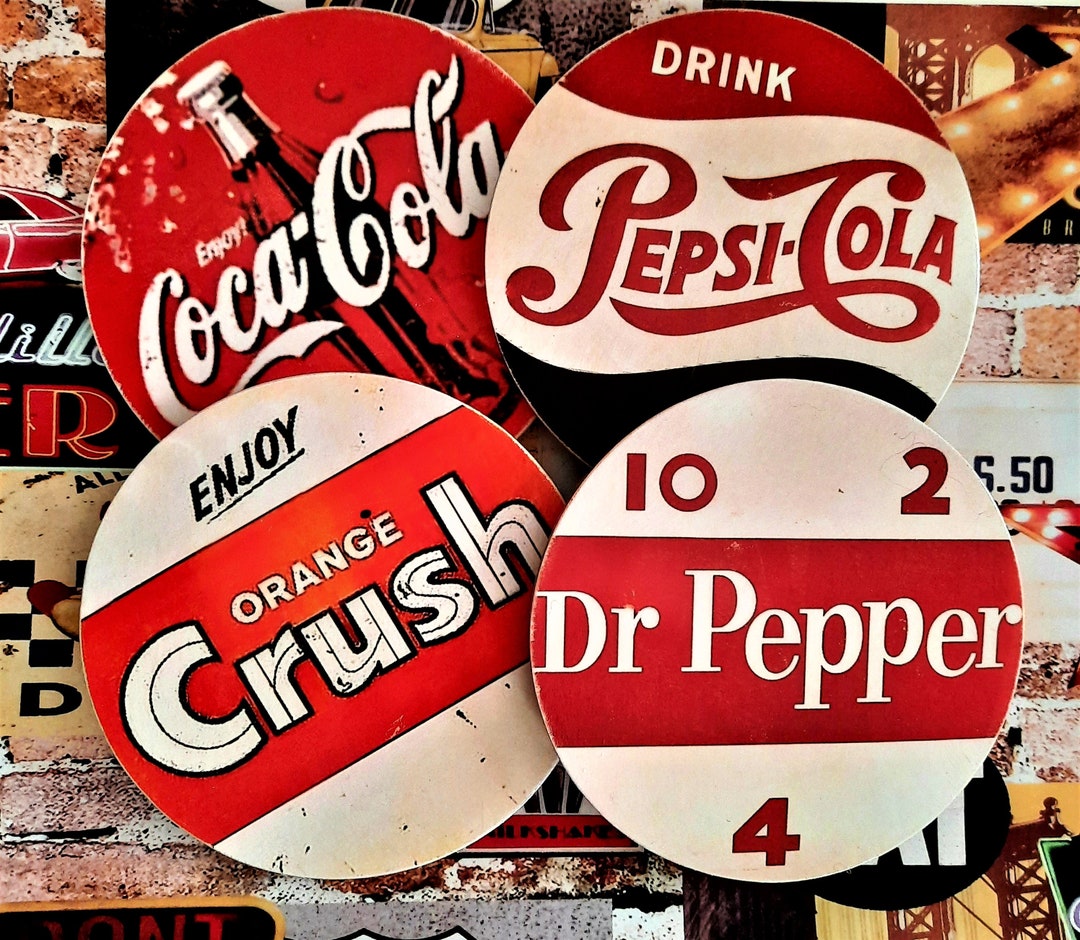 Set of Four Decoupaged Retro Soda Pop Wooden Drink Coasters 4" Round - Etsy