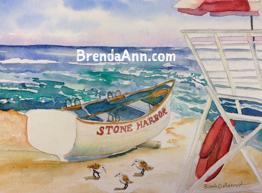 Stone Harbor NJ Watercolor Wall Art: Lifeguard Boat on the Beach New ...