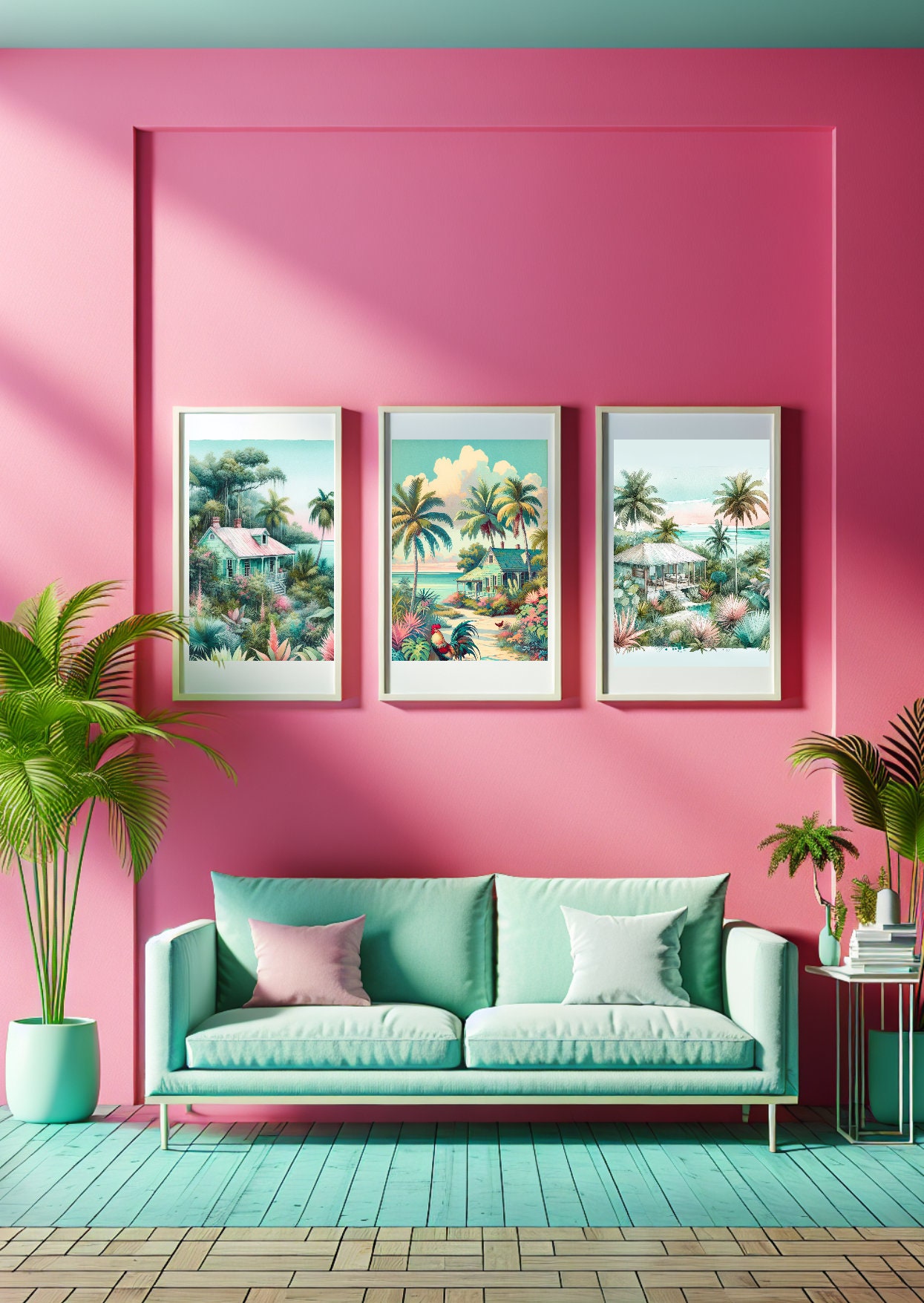 Set of 3 Framed Key West Tropical Cottage Watercolor Wall Art Gift ...