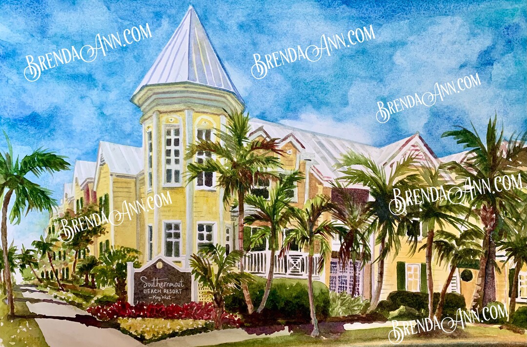 Key West FLA Watercolor Wall Art Print: Southernmost Beach Resort ...