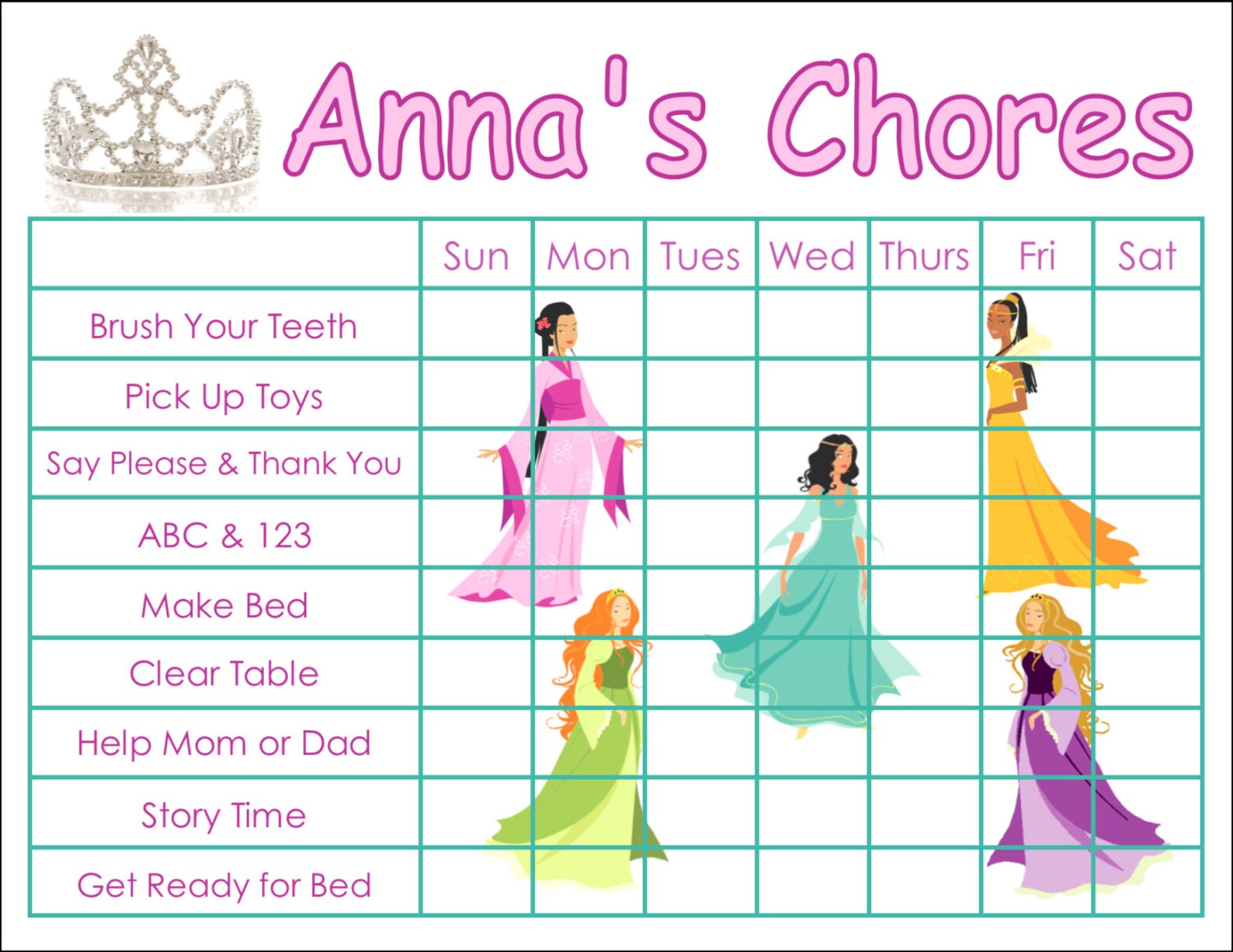 Childrens Chore Chart, You Choose the Chores, Girl Themes - Etsy
