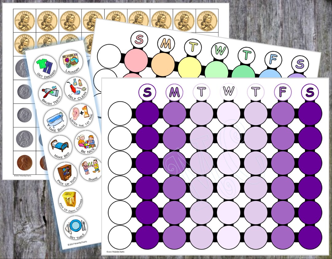 2 Printable Allowance Charts With Coins and Illustrated Chores. Track ...