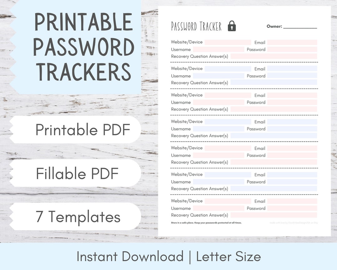 Password Tracker Printable | Fillable Password Log | Password Template ...