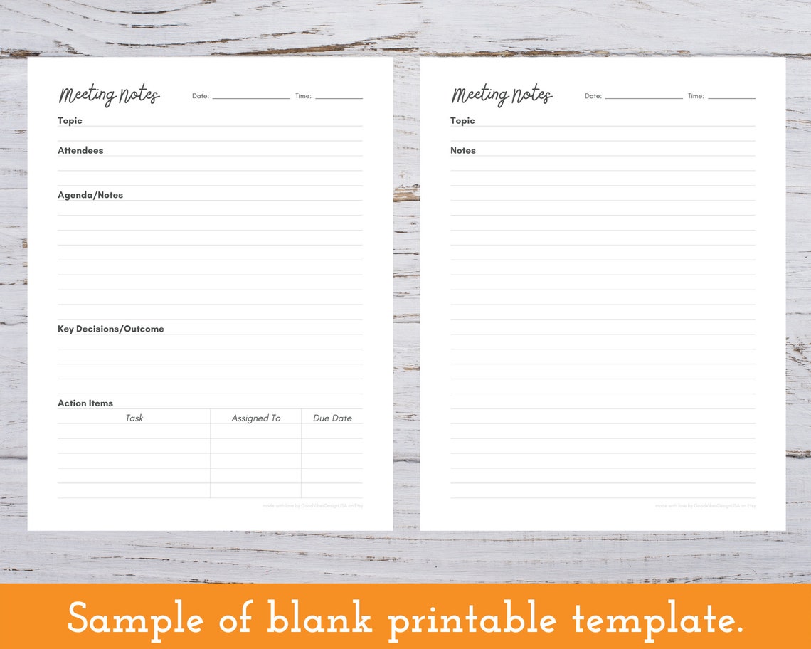 Meeting Notes Template Meeting Minutes Printable Fillable - Etsy