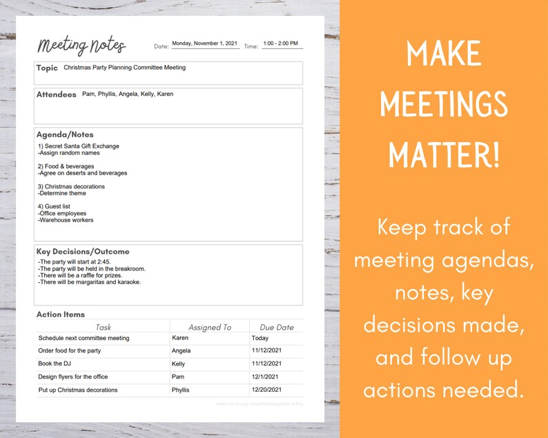 Meeting Notes Template | Meeting Minutes Printable | Fillable Meeting ...