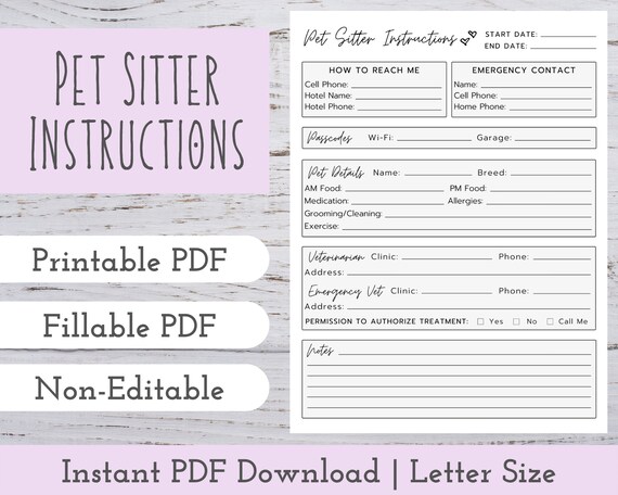 Pet Sitter Checklist Printable Pets Dog Cat Checklist 