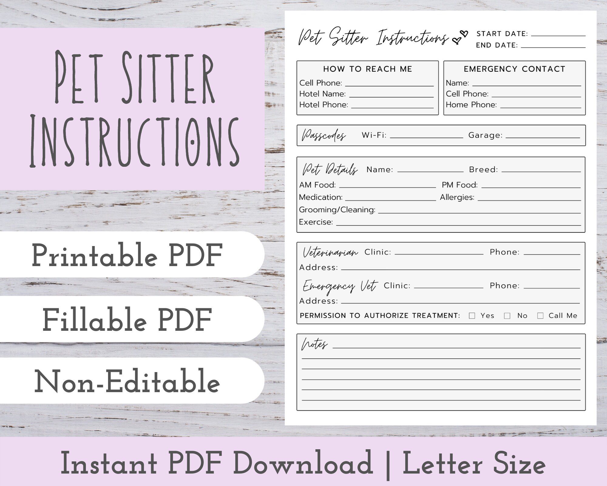 Pet Sitter Notes Printable PDF Owner Info Template Dog Norway 