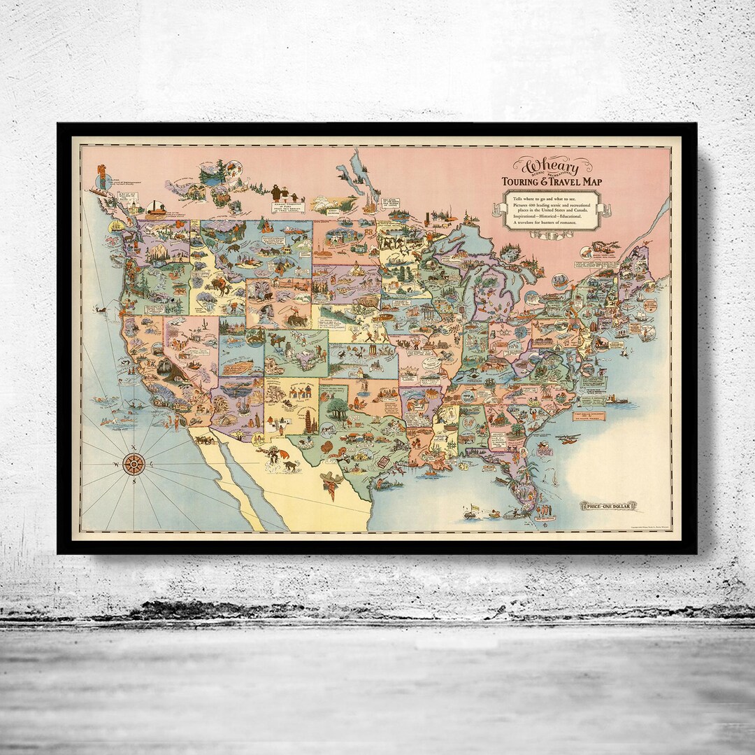 Vintage Map of United States America, Recreational Touring & Travel Map ...