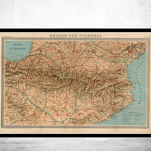 Old Map of Pyrenees Pirineus 1920 France Spain Vintage Poster Wall Art ...