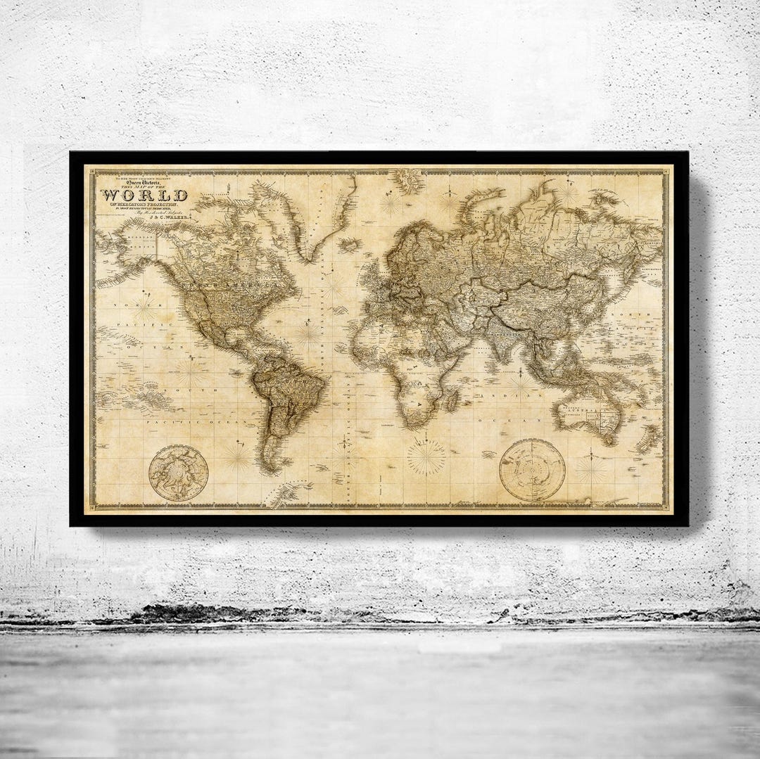 Big Old World Map 1849 Vintage Atlas Mercator Projection Sepia World ...