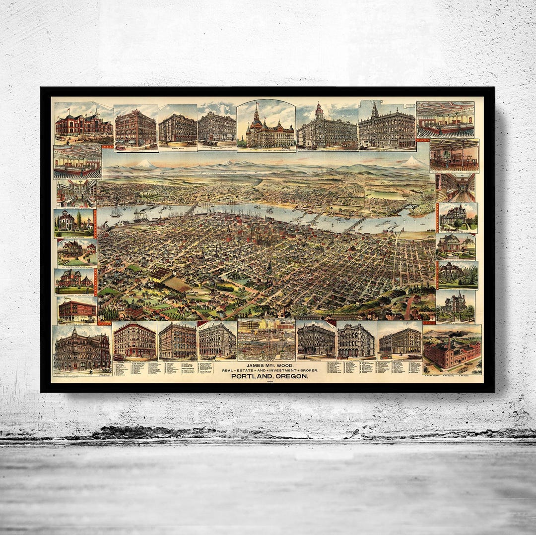 Old Map Portland Oregon 1892 Panoramic View Vintage | Vintage Map Wall ...
