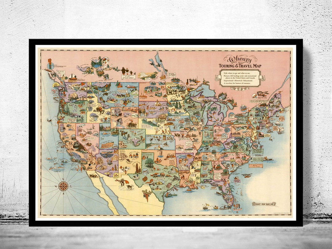 Vintage Map of United States America, Recreational Touring & Travel Map ...