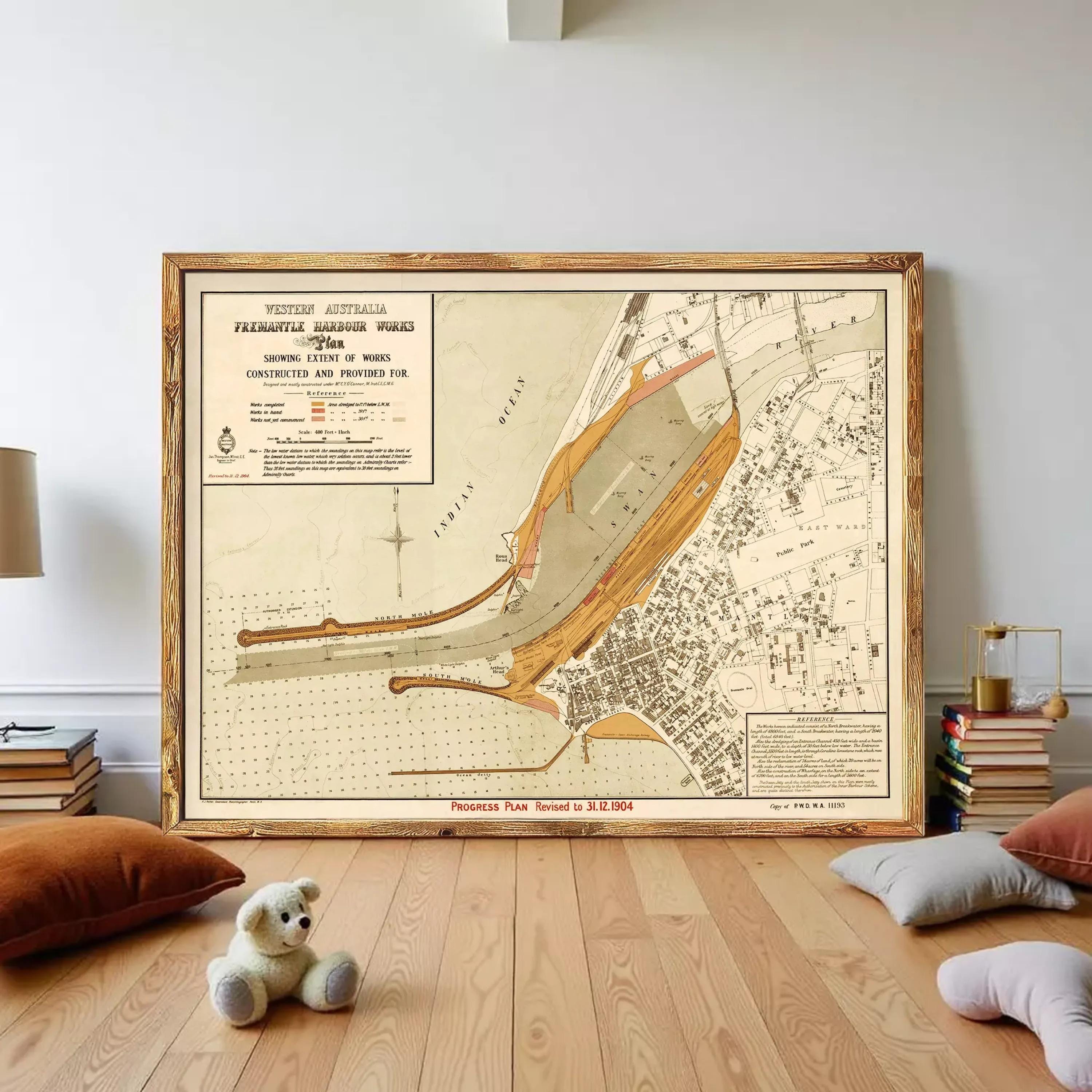 Vintage Map of Fremantle Port Harbour and Perth Australia 1904 | Wall ...