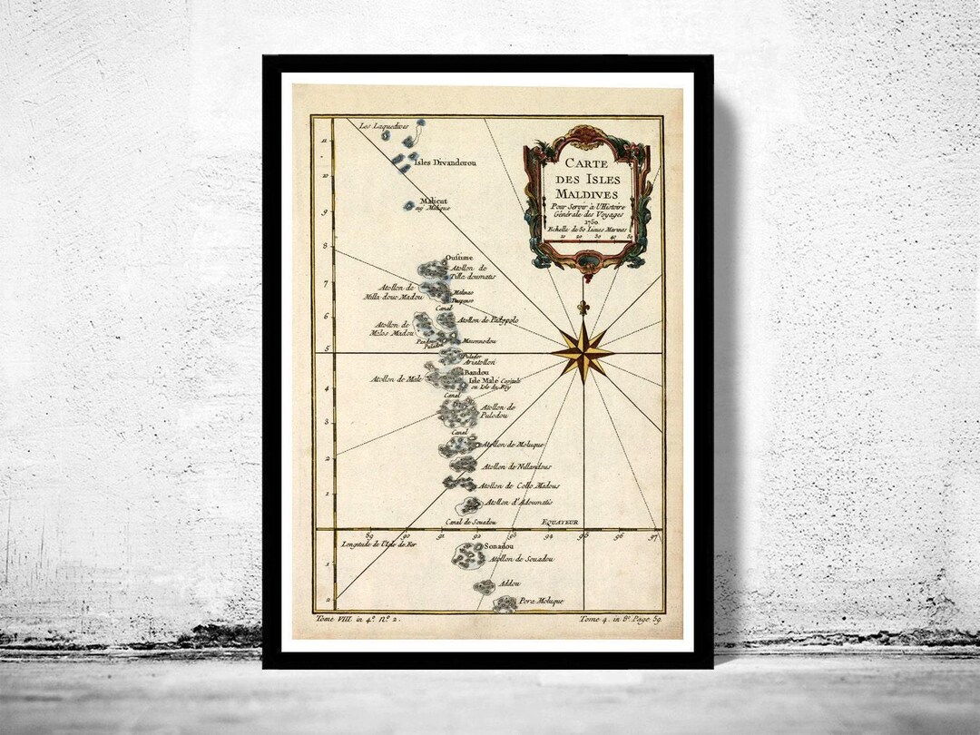 Old Map of Maldives Islands 1750 | Vintage Map Wall Art Print | Large ...