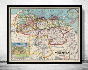 Vintage Map of Venezuela Old Map Restored Print on Canvas or - Etsy