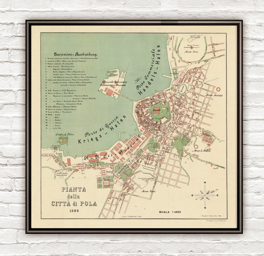 Old Map of Pola Pula 1898 Croatia Vintage Map Vintage Poster Wall Art ...