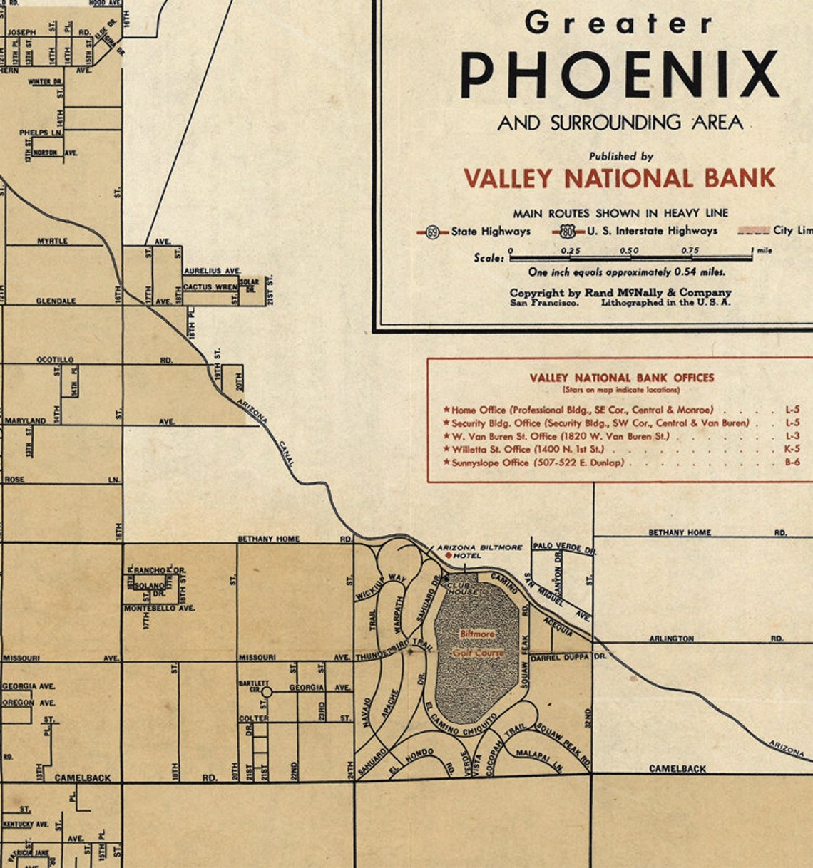 Old map of Phoenix Arizona 1947 Vintage Map Vintage Poster | Etsy