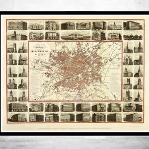 Old Map of Manchester With Gravures England 1857 Vintage Map Vintage ...