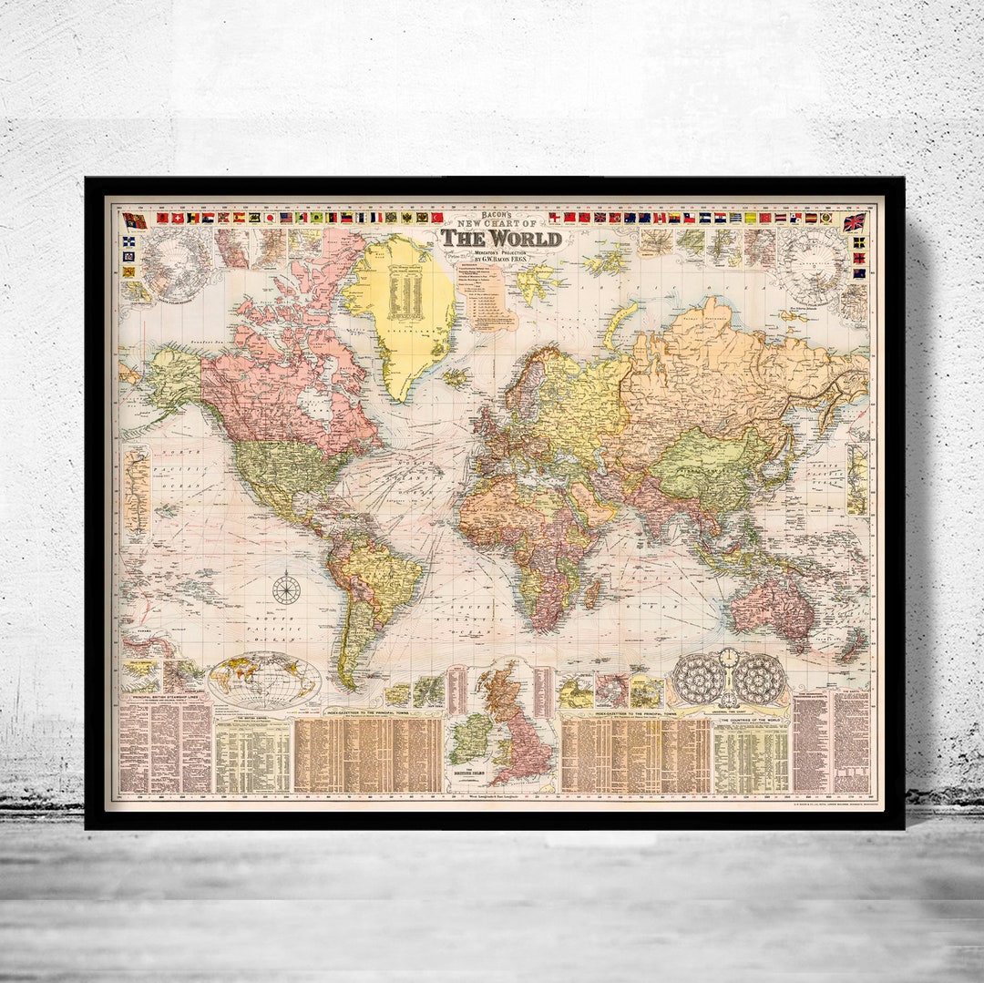 Beautiful World Map Vintage Atlas 1908 Mercator Projection | World Map ...