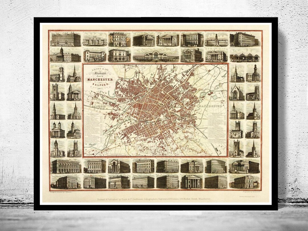 Old Map of Manchester With Gravures England 1857 Vintage Map | Vintage ...