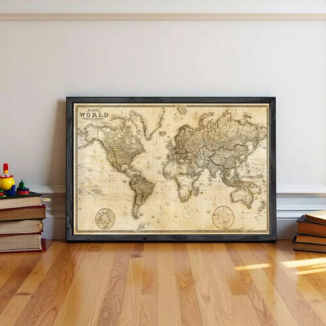 Big Old World Map 1849 Vintage Atlas Mercator Projection Sepia ...