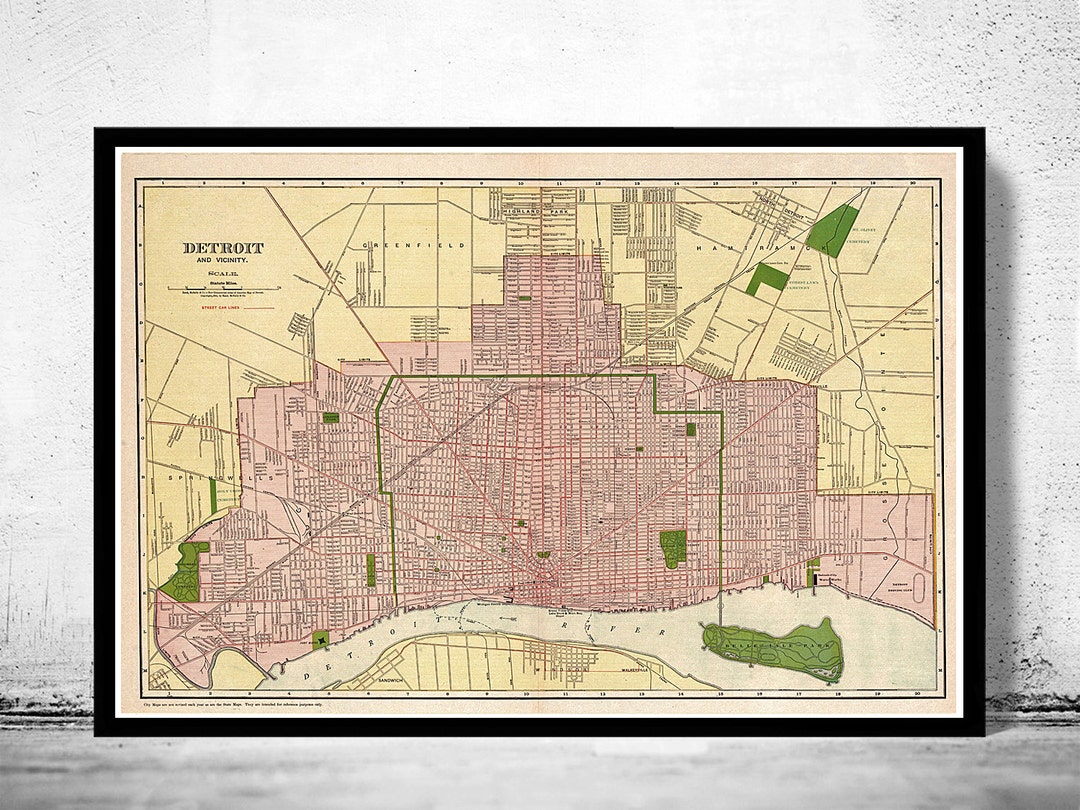 Old Map of Detroit 1911 Vintage Map Vintage Poster Wall Art Print Wall ...