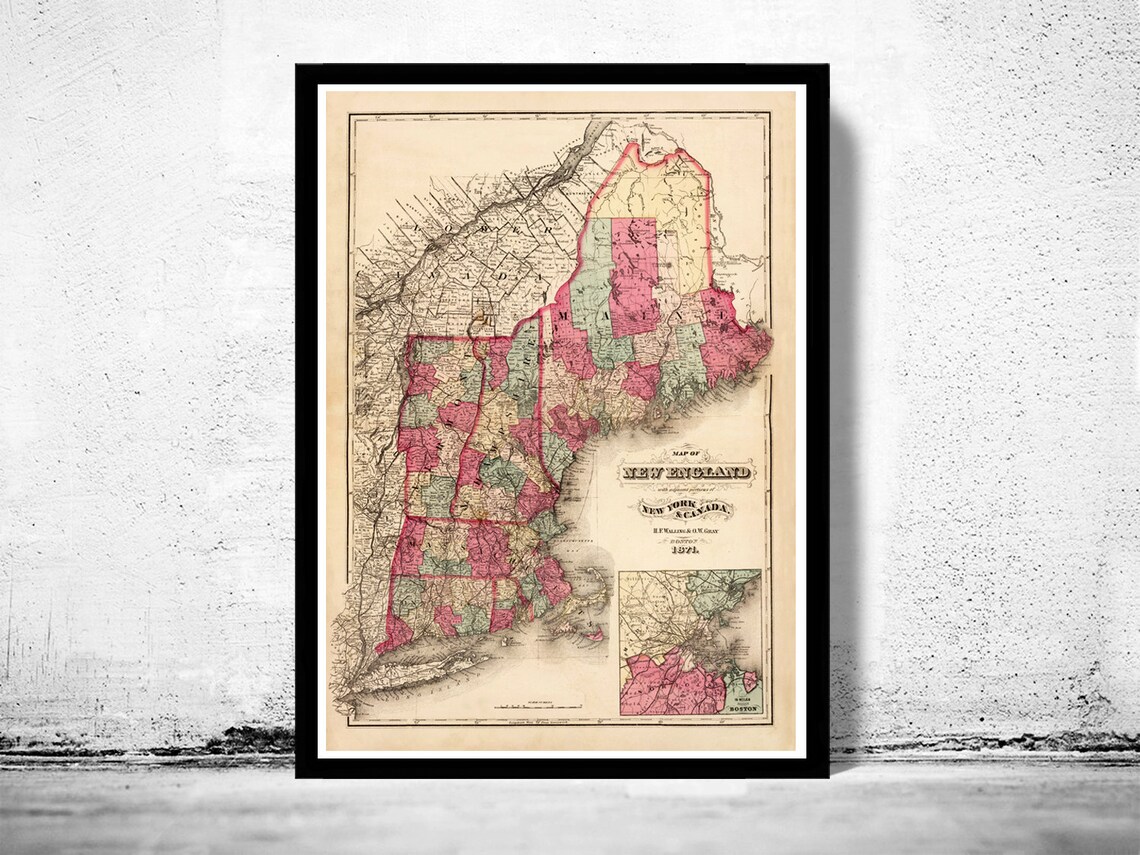 Old Map of New England State 1871 Vintage Map Vintage Poster - Etsy