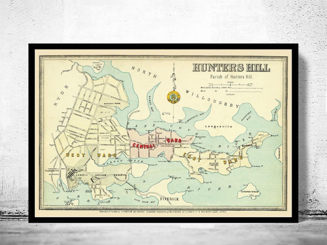 Old Map of Hunters Hill 1890 Australia Vintage Map Vintage Poster Wall ...