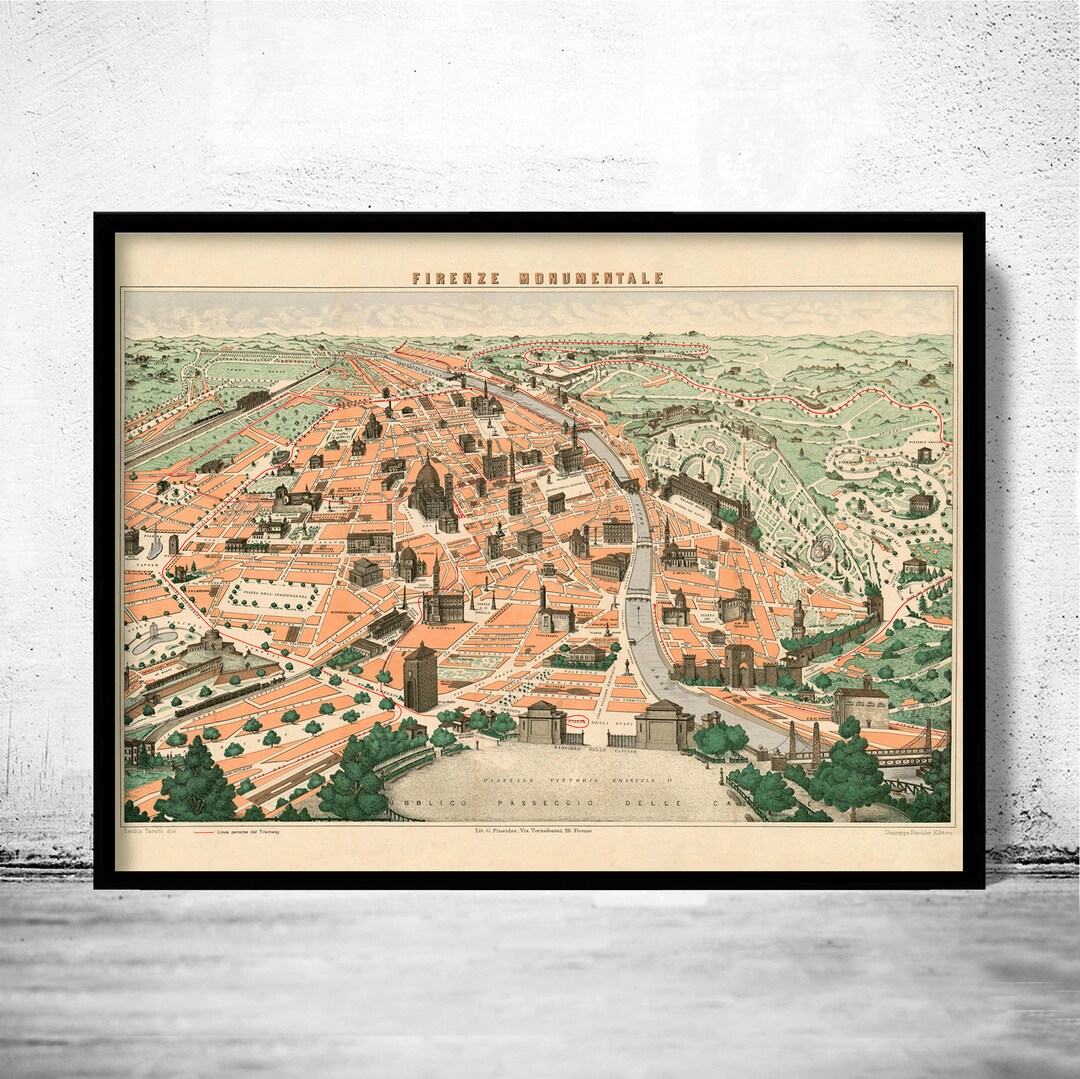 Old Map of Florence Firenze Monumentale 1910 Vintage Poster Wall Art ...