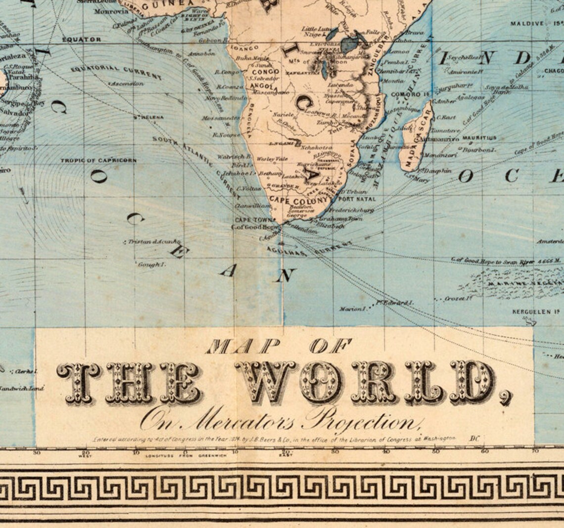 Vintage World Map 1876 Mercator Projection Vintage Map - Etsy